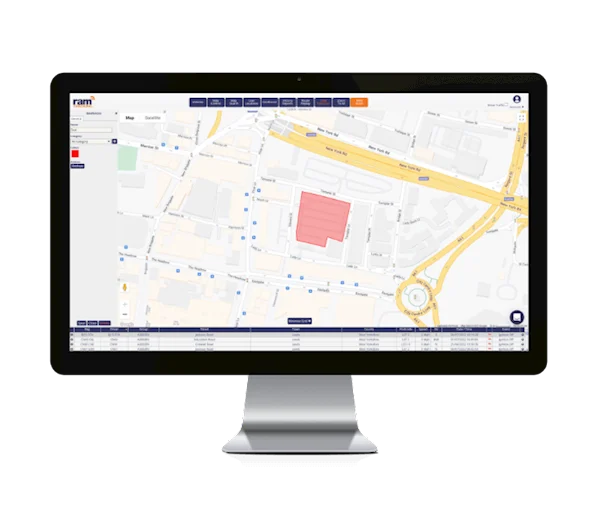 Apple Mac showing the RAM Tracking live map with a red geofence on it